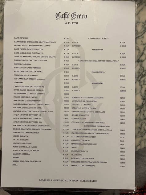 Menu At Antico Caffè Greco Cafe Rome Via Dei Condotti