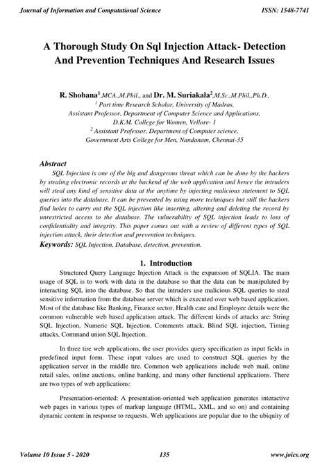 Pdf A Thorough Study On Sql Injection Attack Detection And Prevention