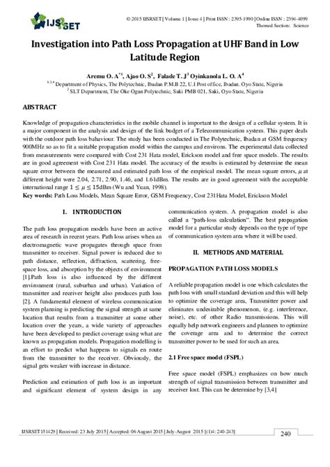 Pdf Investigation Into Path Loss Propagation At Uhf Band In Low Latitude Region