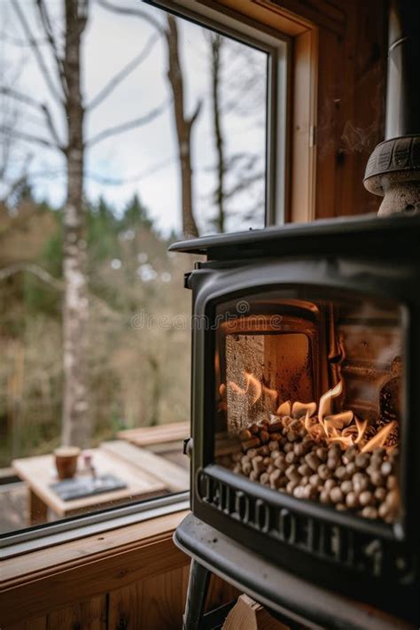 Wood Pellet Stove With Flames Visible Through Glass Window For