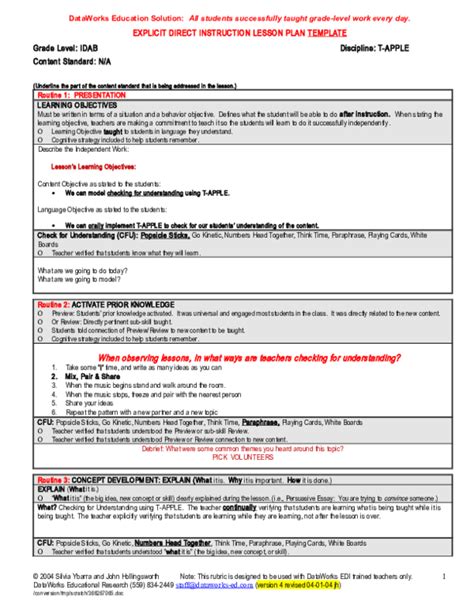 Doc Explicit Direct Instruction Lesson Plan Template