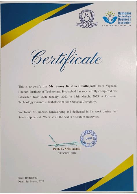 Sunny Chary On Linkedin Successfully Completed Internship At Osmania