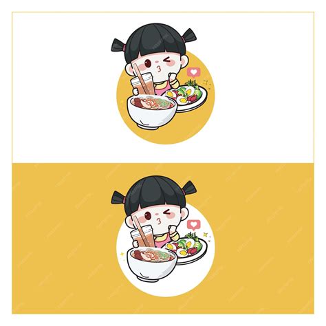 Premium Vector Happy Cute Chibi Girl Eating Noodle And Salad He