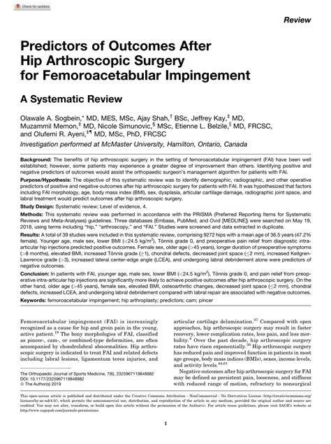 Pdf Predictors Of Outcomes After Hip Arthroscopic Surgery For