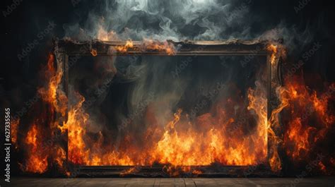 A Dark Room With A Large Burning Frame Flaming Fire Burning Smoke And