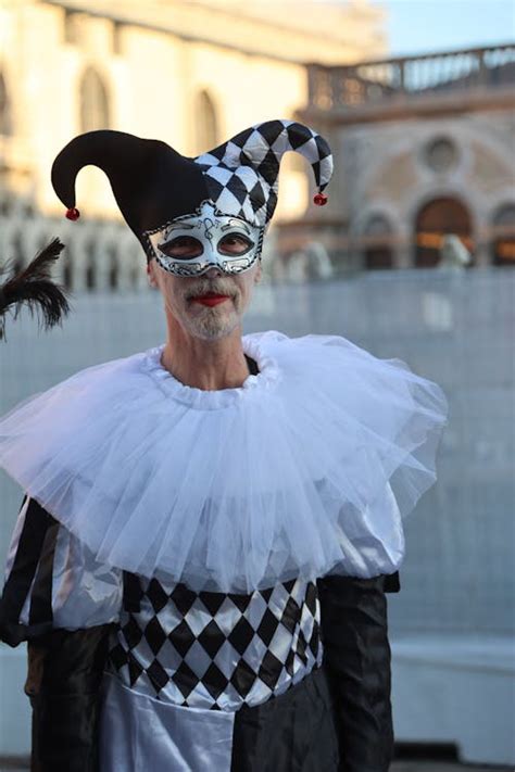 가장 무도회 공상 공연 예술 광대 남성 독특한 스타일 독특한 의상 마스크 문화 문화 유산 문화제 바둑판 패턴