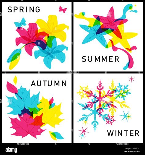 Four Seasons Grid In Offset Print Style On White Stock Vector Image