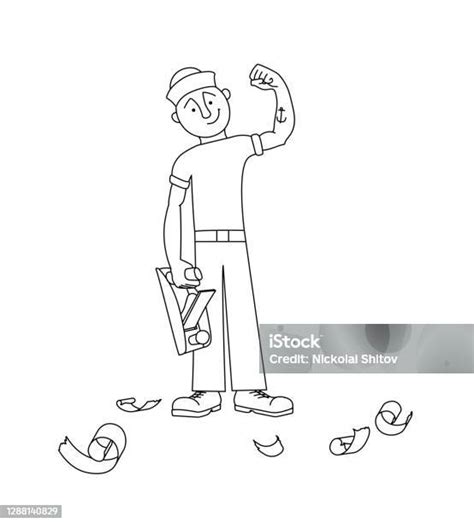 목공과 톱밥을 위한 비행기와 함께 바다 모자에 귀여운 미소 선원 목수 건설 산업에 대한 스톡 벡터 아트 및 기타 이미지 건설