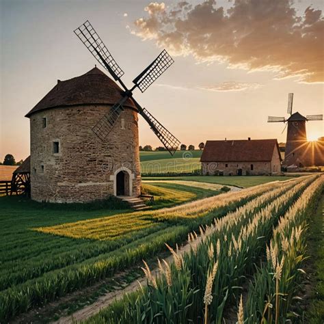 Traditional Windmill Or Wind Engine In Cornfield And Rice Field Brick Wall Sunny Day Stock