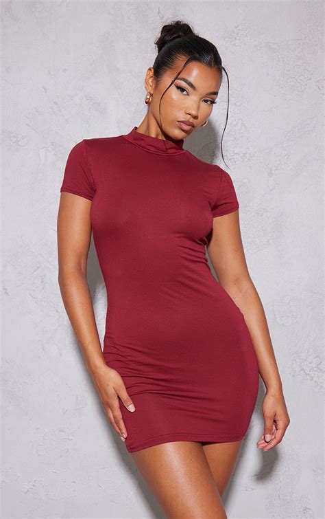 Burgundy Jersey High Neck Cap Sleeve Bodycon Dress Prettylittlething