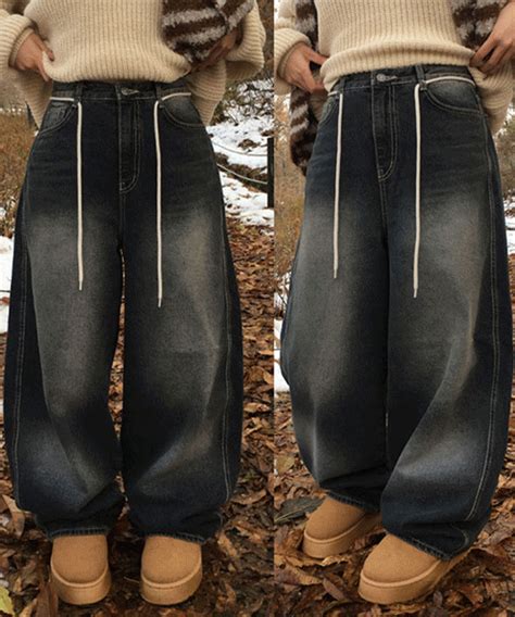 [인생벌룬핏] 스트링 워시드 벌룬 와이드 데님팬츠 와이드청바지 벌룬청바지 와이드데님 사계절 에이블리