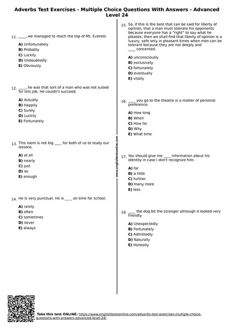 SOLUTION Adverbs Test Exercises Multiple Choice Questions With Answers Advanced Level