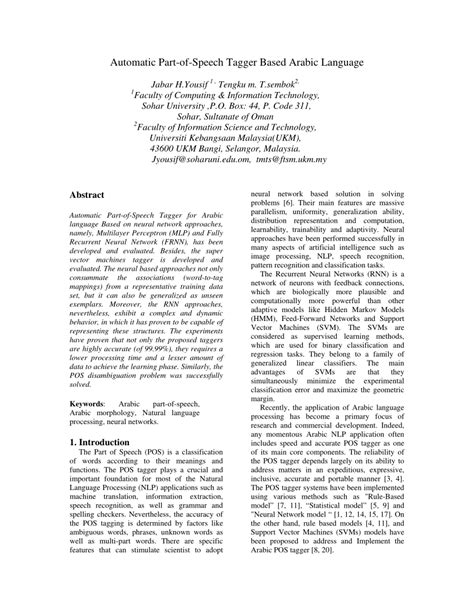 Pdf Automatic Part Of Speech Tagger Based Arabic Language