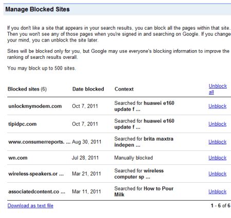 Blocked Sites No Longer Available In Google Search
