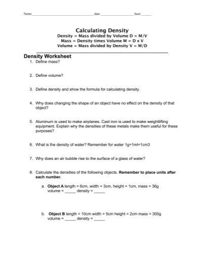 Density Mass Volume Worksheet