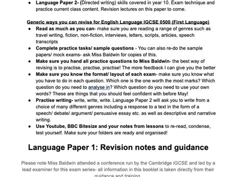 Cie Igcse English Language Paper 1 Revision Booklet Teaching Resources