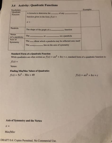 Solved Examples Activity Quadratic Functions Vocabulary Chegg Com