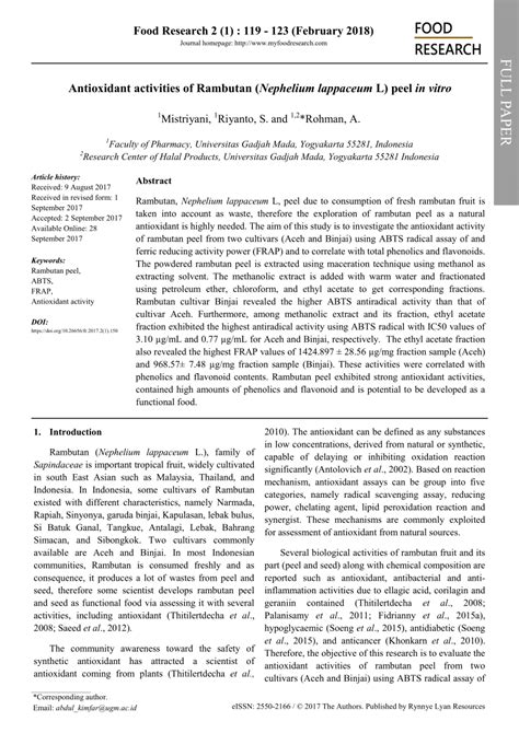 Pdf Antioxidant Activities Of Rambutan Nephelium Lappaceum L Peel In Vitro