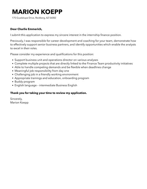 Internship Finance Cover Letter Velvet Jobs
