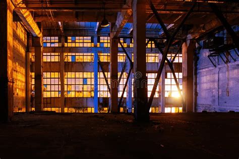 Dark Creepy Empty Abandoned Industrial Building Interior At Night Stock