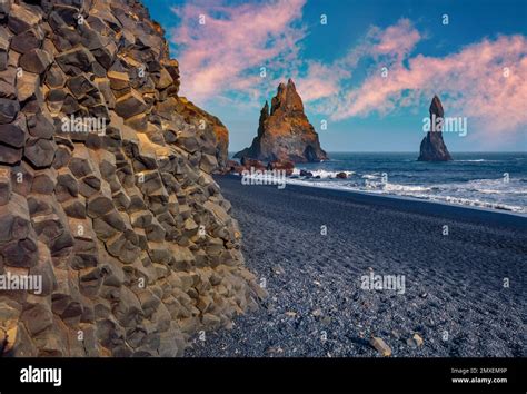 Frozen Basalt Hexagonal Columns On The Atlantic Coast Black Sand Beach