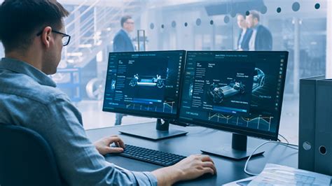 전문 엔지니어는 3d Cad 소프트웨어가 장착된 컴퓨터에서 작업하며 첨단 기술 개발 실험실에서 바퀴 배터리 및 엔진이 있는 전기 자동차 섀시 프로토타입을 테스트합니다 컴퓨터