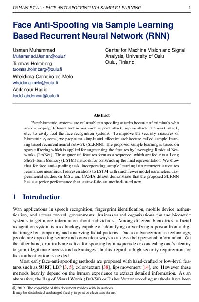 pdf face anti spoofing via sample learning based recurrent neural network rnn