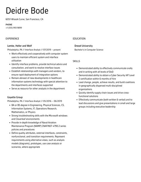 Interface Analyst Resume Samples Velvet Jobs