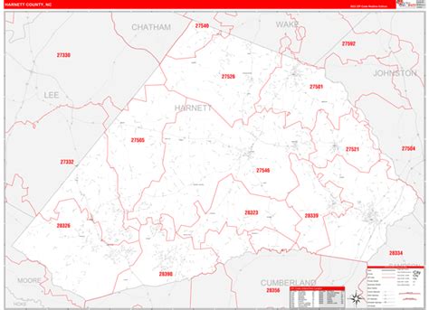 Harnett County Nc Zip Code Wall Map Red Line Style By Marketmaps