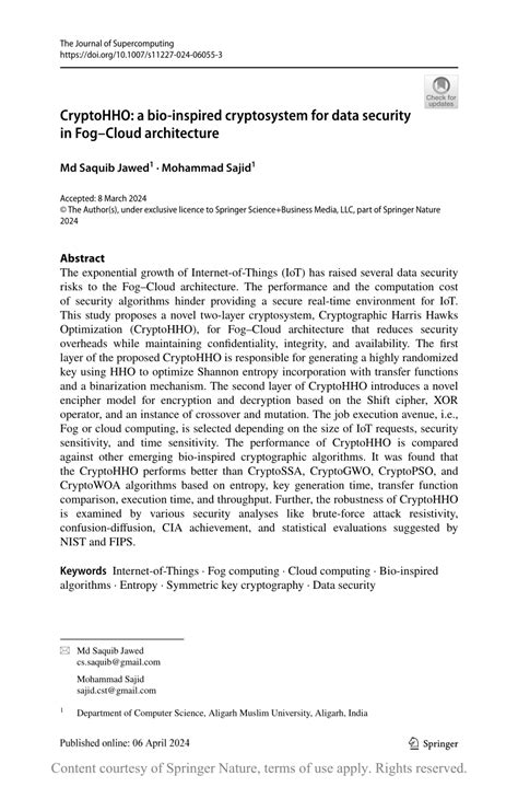 Cryptohho A Bio Inspired Cryptosystem For Data Security In Fogcloud
