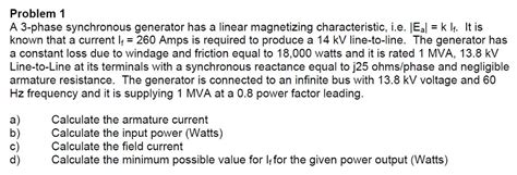 Solved Problem 1 A 3 Phase Synchronous Generator Has A Chegg Com