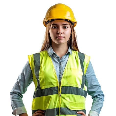 A Woman Wearing A Yellow Hard Hat And A Vest That Says Quot She Is