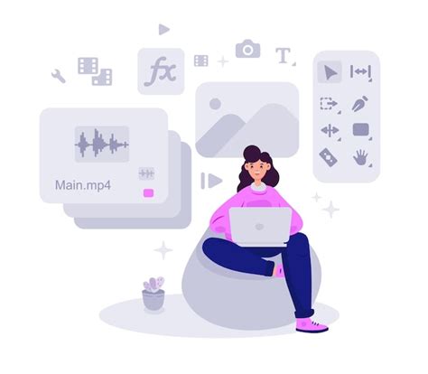 Premium Vector Woman Animator Sitting And Creating Video Project At Laptop Motion Designer Tools