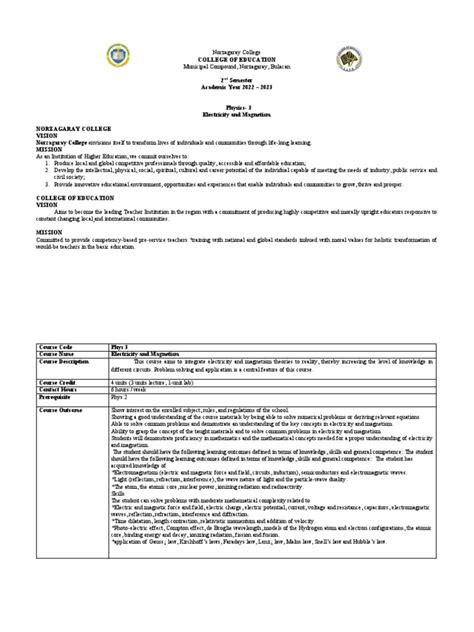 Syllabus Phys 3 Ched New Normal Pdf Electricity Waves