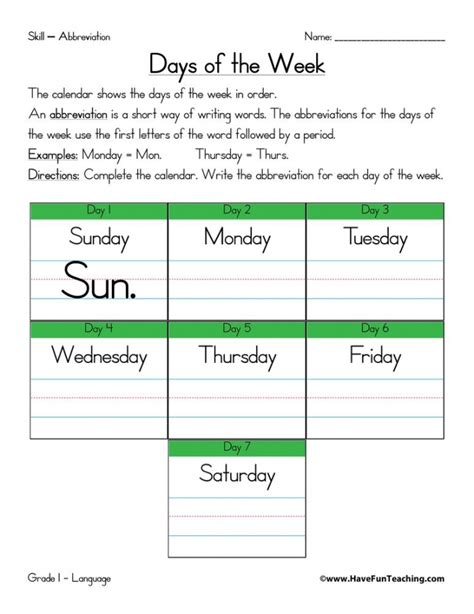 Abbreviations Days Of The Week Worksheets 99Worksheets
