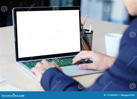 Man Hands Typing Laptop Computer With Blank Screen For Mock Up Template Background Top View