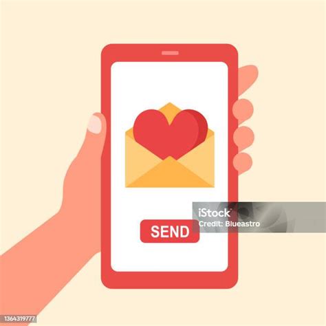 플랫 디자인으로 러브 메시지를 보내는 핸드 홀딩 스마트폰 온라인 사랑 Brand Name Online Messaging