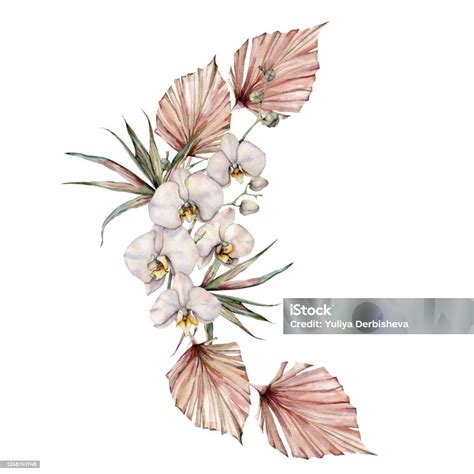 흰색 나초와 야자수 잎이있는 수채화 화환 흰색 배경에 고립 된 꽃 마른 잎과 가지가있는 손으로 그린 열대 카드 디자인 인쇄