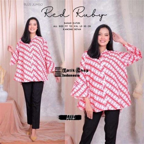 Promo Blus Red Ruby Jumbo Batik Merah Cerah Atasan Kerja Rapat Kantor