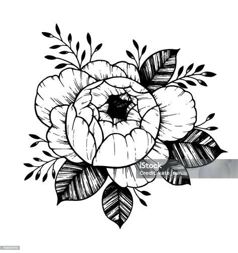손으로 그린 벡터 일러스트 레이 션모란 꽃 꽃 문신 밑그림입니다 문신 초대장 인사말 카드 따옴표 블로그 포스터 등에 대 한 완벽 한 0명에 대한 스톡 벡터 아트 및 기타