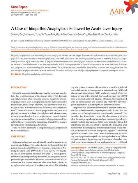 Pdf A Case Of Idiopathic Anaphylaxis Followed By Acute Liver Injury