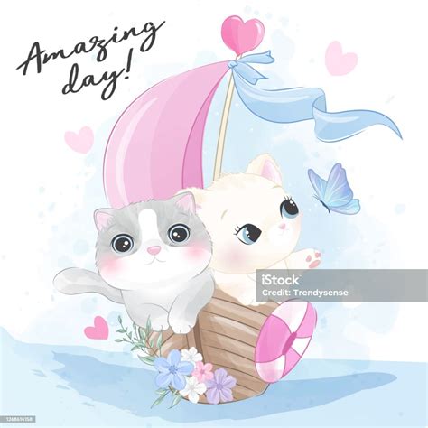 수채화 일러스트와 귀여운 작은 키티 고양이 새끼에 대한 스톡 벡터 아트 및 기타 이미지 고양이 새끼 귀여운 꽃 식물