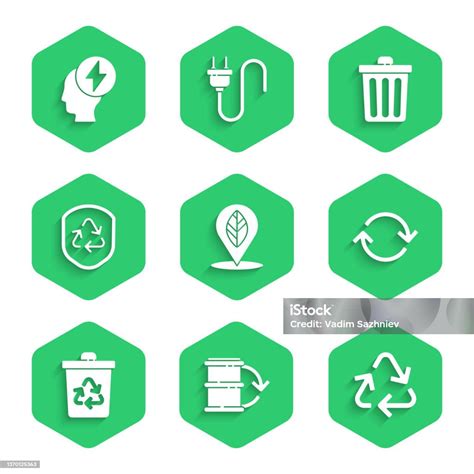 잎 에코 연료 배럴 재활용 기호 새로 고침 쓰레기통 재활용 내부 방패 쓰레기통 및 머리와 전기 아이콘으로 위치를 설정합니다 벡터 그림자에 대한 스톡 벡터 아트 및 기타