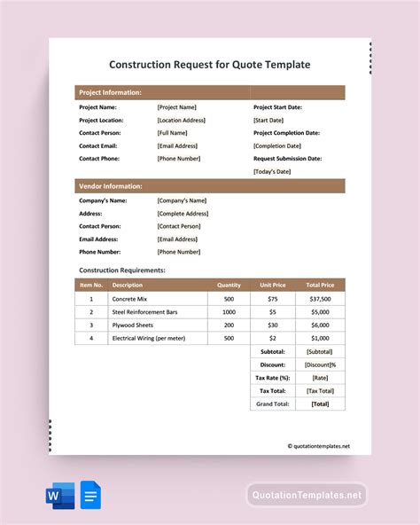 Quotation Form Template For Construction Work Free Construction