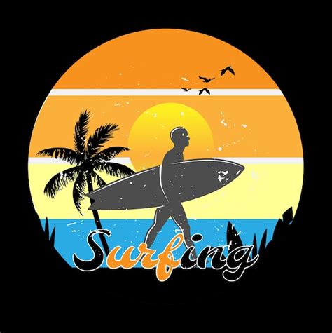 Premium Vector Surfing Beach Retro Vintage Landscape Design