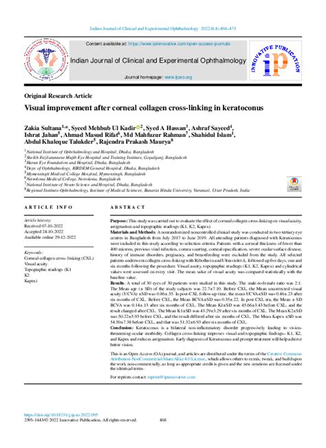Pdf Visual Improvement After Corneal Collagen Cross Linking In