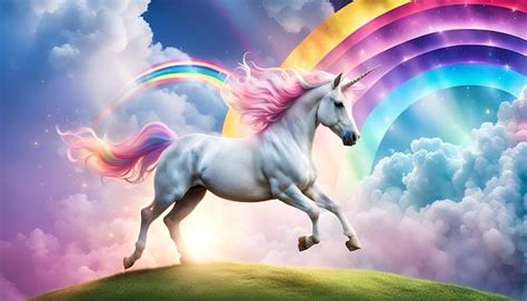 Holographic Fantasy Rainbow Unicorn Background With Clouds Premium Ai