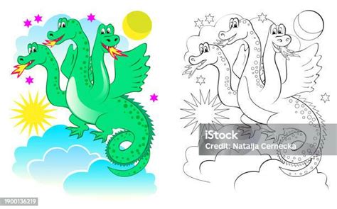 귀여운 드래곤의 판타지 일러스트입니다 색칠하기 책을 위한 다채롭고 흑백 페이지입니다 어린이와 성인을 위한 인쇄 가능한 워크시트 벡터 만화 이미지입니다 0명에 대한 스톡 벡터