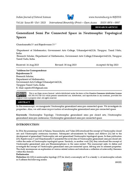 Generalized Semi Pre Connected Space In Neutrosophic Topological Spaces Pdf Mathematics