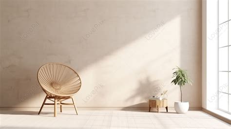 빈 벽 배경에 팬이 있는 중립적인 인테리어의 목재 가구의 미니멀한 3d 렌더링 테리 배경 사진관 배경 인테리어 가구 배경 이미지 Hd 테리 사진관 인테리어 가구